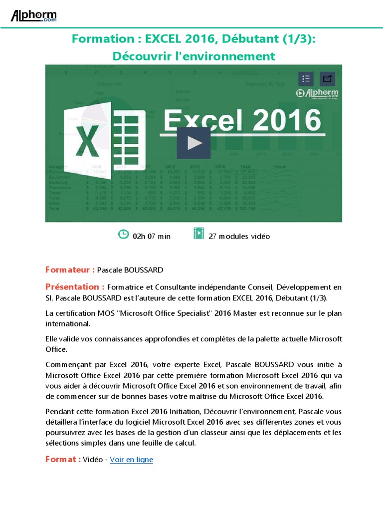 Alphorm Fiche Formation EXCEL 2016 Initiation | PDF | Microsoft Excel | Microsoft Office
