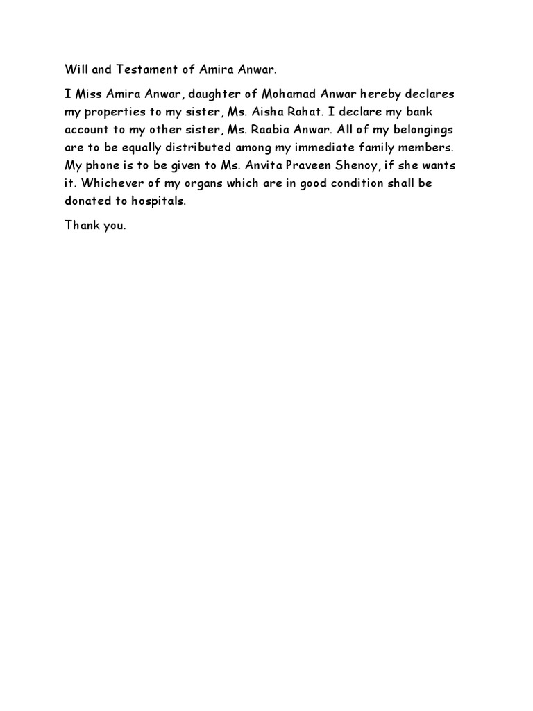 Will and Testament of Amira Anwar | PDF