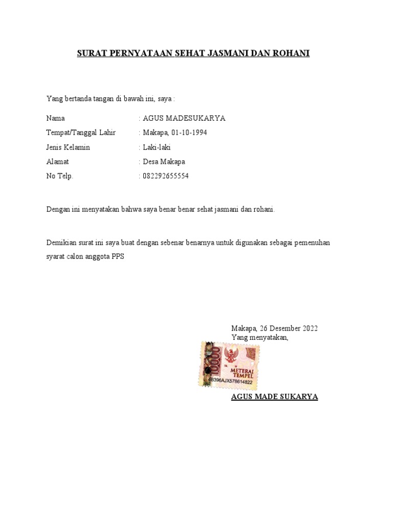 Contoh Surat Pernyataan Sehat | PDF
