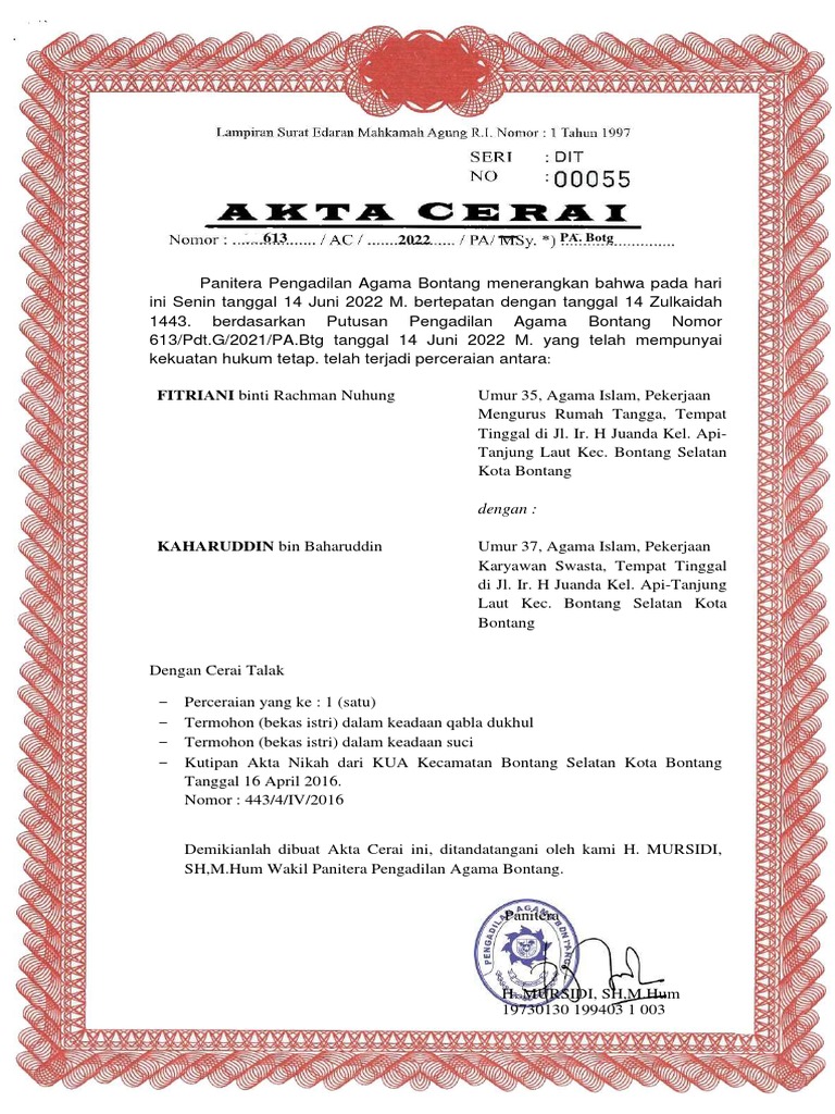 Akte Cerai Bontang Fitriani | PDF