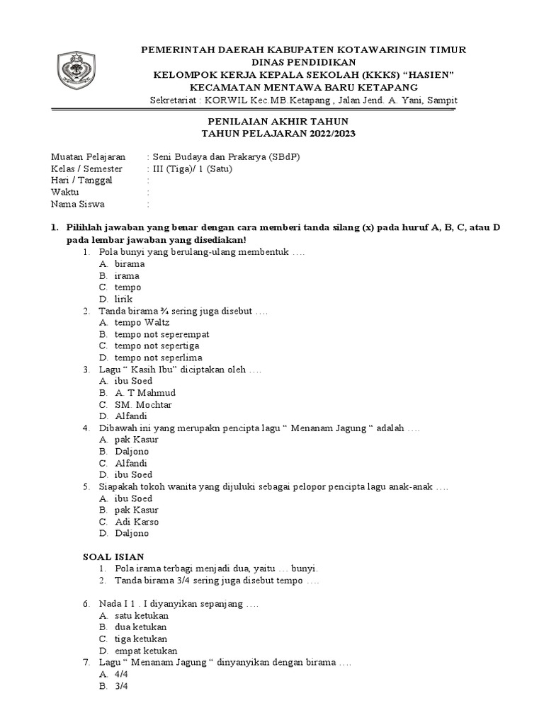 SOAL PG Dan Isian SBDP Kelas 3 | PDF