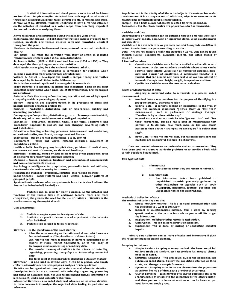 Lecture Statistics | PDF | Statistics | Level Of Measurement