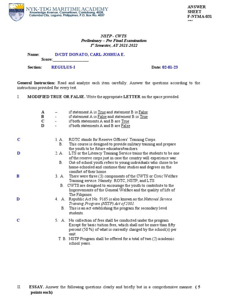 Carl Joshua E. Donato NSTP MAJOR EXAMINATION - AY 2022 2023 2 | PDF ...