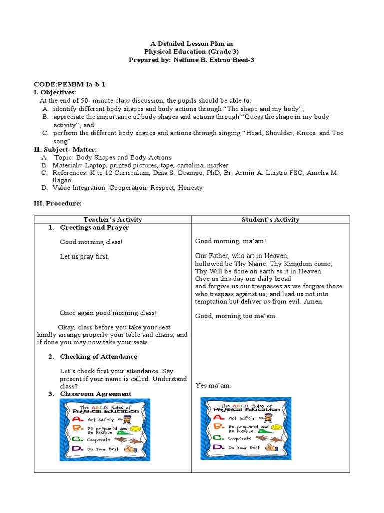 A Detailed Lesson Plan in PE 3 | PDF | Lord's Prayer | Behavior ...