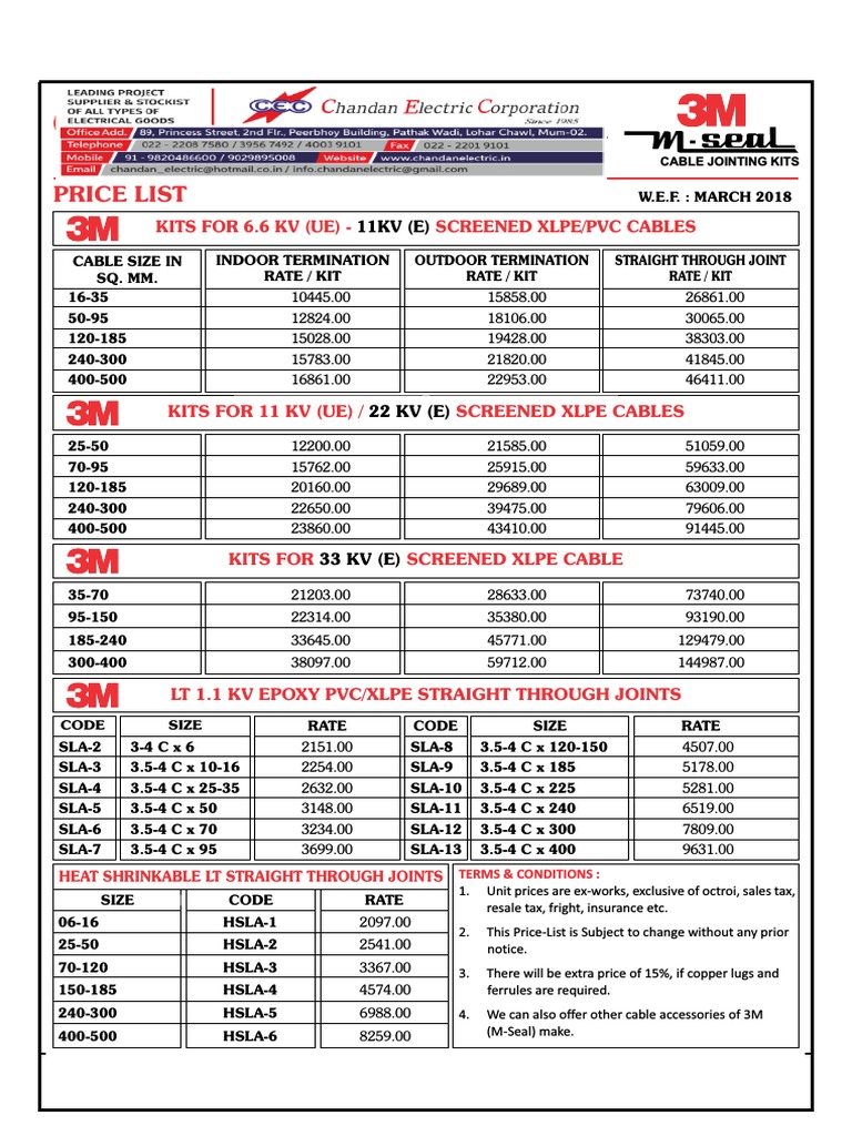 Cable Jointing Kits Price List 2018 | PDF | Building Materials ...