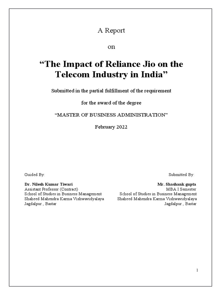 Real IBPV Report On Impact of Reliance Jio On Telecom Industry | PDF ...