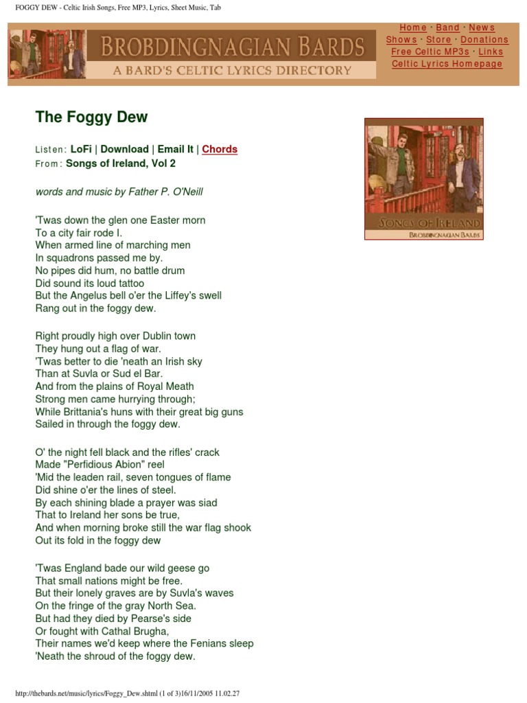 FOGGY DEW - Celtic Irish Songs, Free MP3, Lyrics, Sheet Music, Tab | PDF