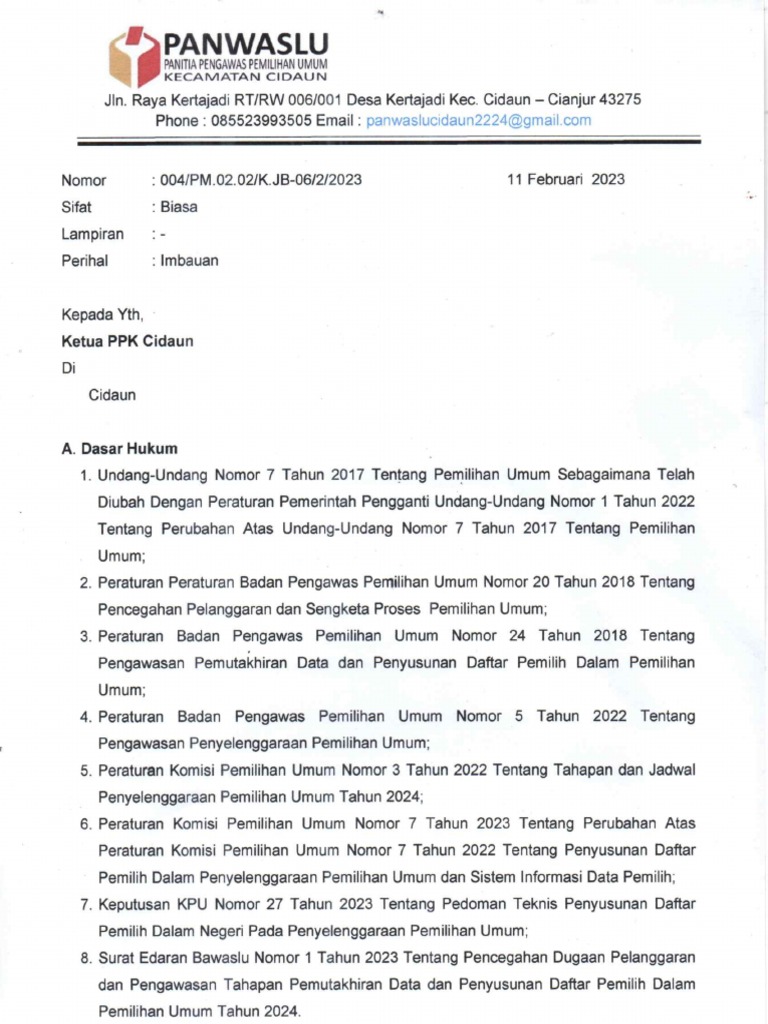 Surat Imbauan Coklit Penyusunan Daftar Pemilih Panwaslu Cidaun | PDF
