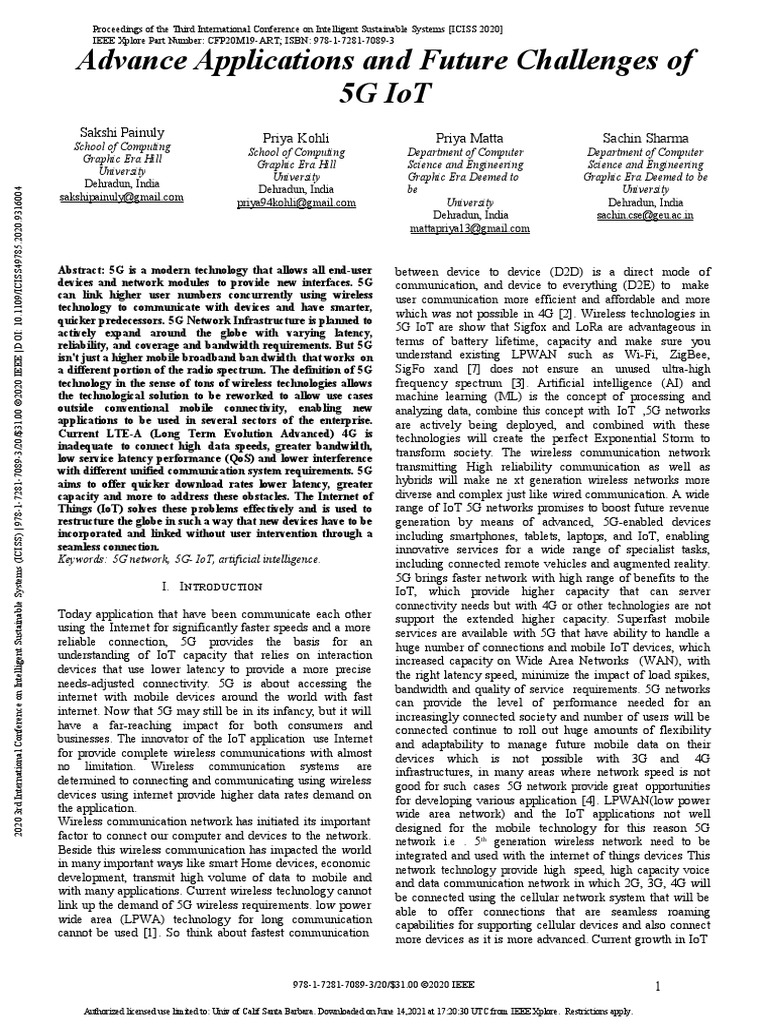 Advance Applications and Future Challenges of 5G IoT | PDF | Internet ...