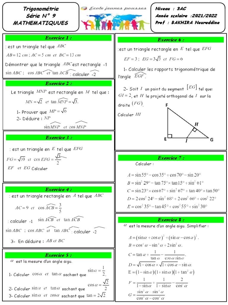 Exercices corrigés de trigonométrie 3AC | PDF