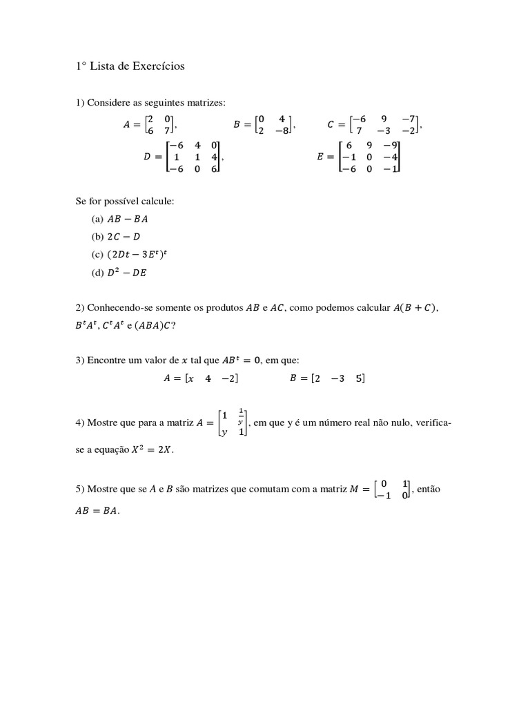 Exercícios de Álgebra Linear e Matrizes | PDF