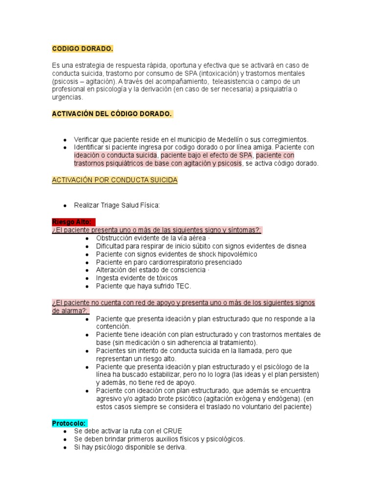 Protocolo de Código Dorado en Salud | PDF | Trastorno mental | Paciente