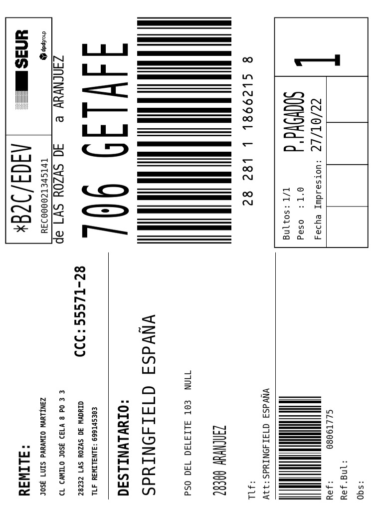 Springfield Etiqueta SEUR | PDF