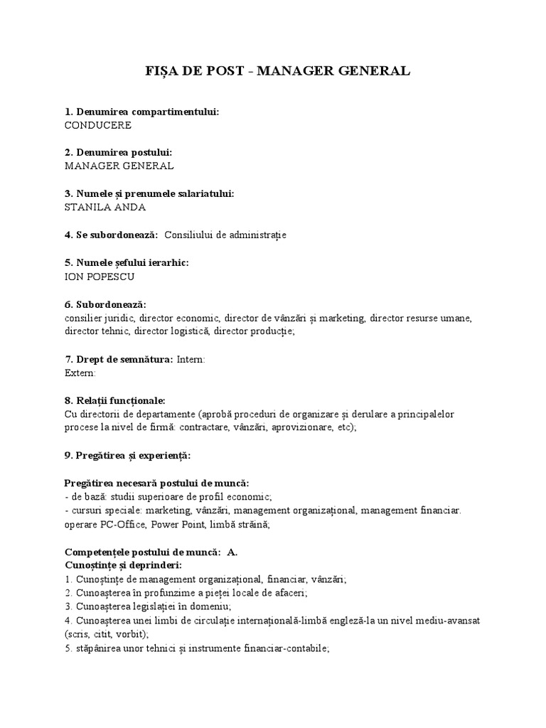 Fisa de Post Manager General | PDF