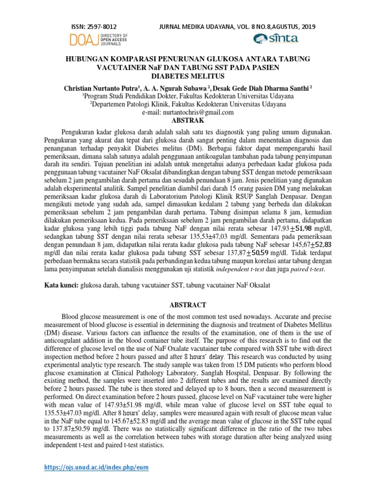 HUBUNGAN KOMPARASI PENURUNAN GLUKOSA ANTARA TABUNG VACUTAINER NaF DAN ...