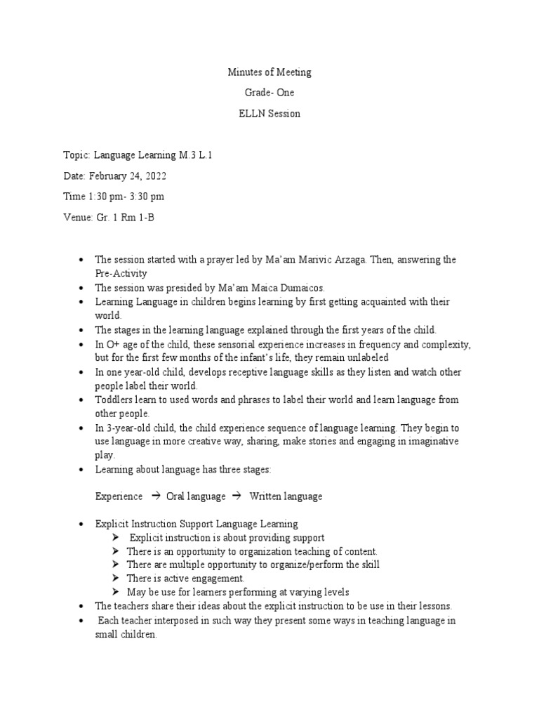 Grade 1 ELLN Session Minutes | PDF | Lesson Plan | Teachers