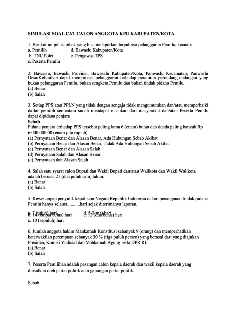 PDF Simulasi Soal Cat Calon Anggota Kpu Kabupaten - Compress | PDF