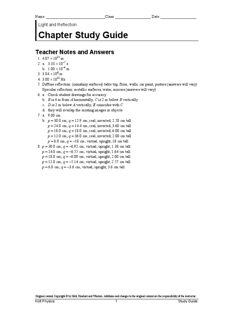 Chapter Study Guide Physics | PDF | Reflection (Physics) | Mirror