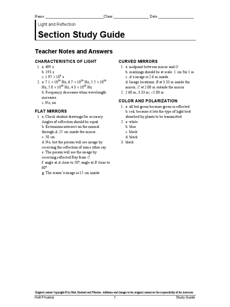 Section Study Guide Physics | PDF | Mirror | Reflection (Physics)