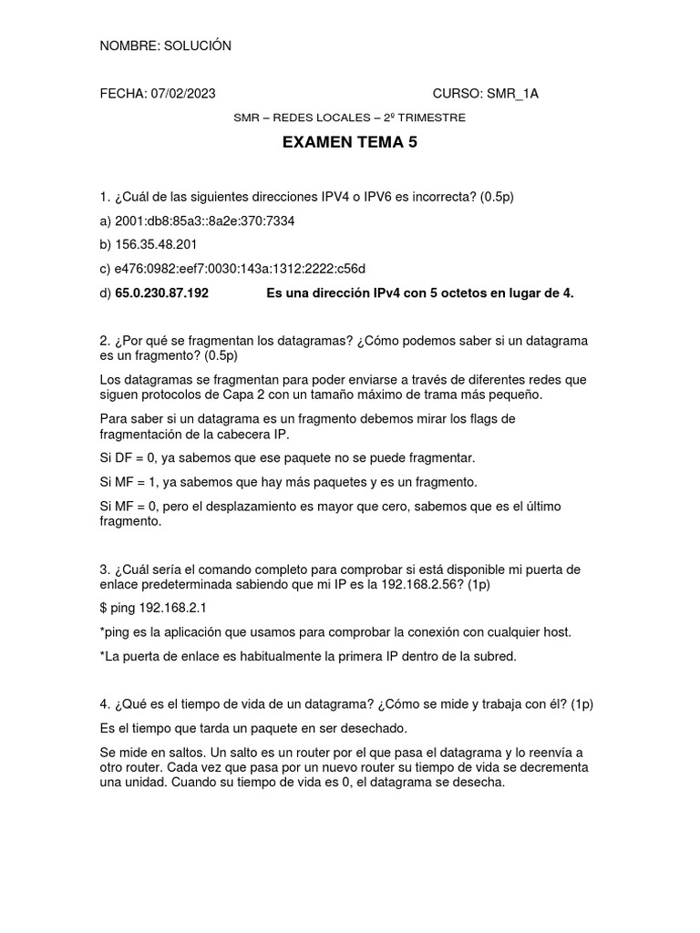 Examen T5 - Resuelto | PDF | Dirección IP | Protocolos de internet