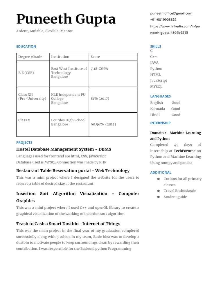 Puneeth Gupta Resume | PDF | Databases | Computer Programming