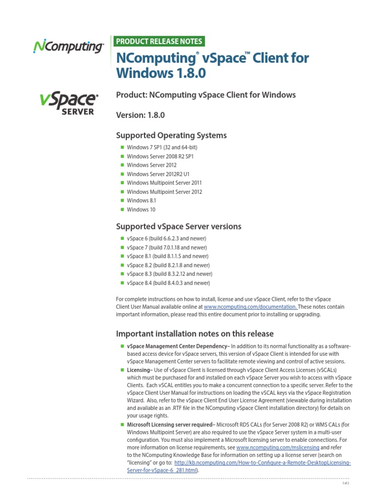 Release-Notes vSpace-Client 1.8.0 (EN) 243769 | PDF | Microsoft Windows ...