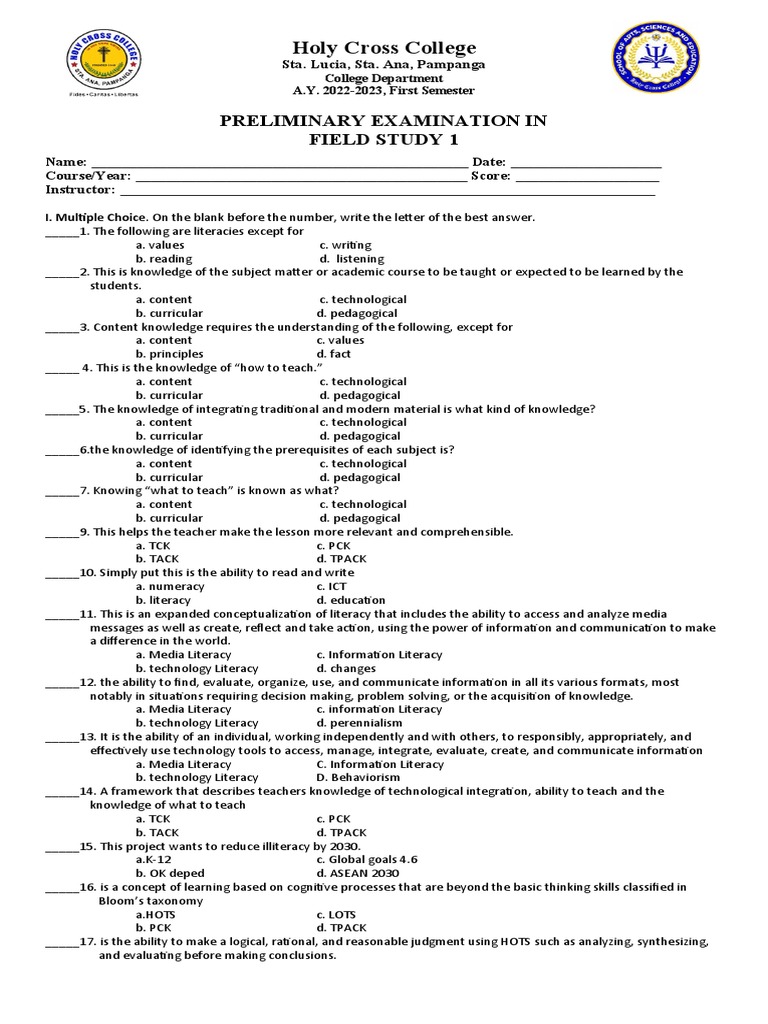 Field Study 1 Exam Prelim | PDF | Teachers | Literacy