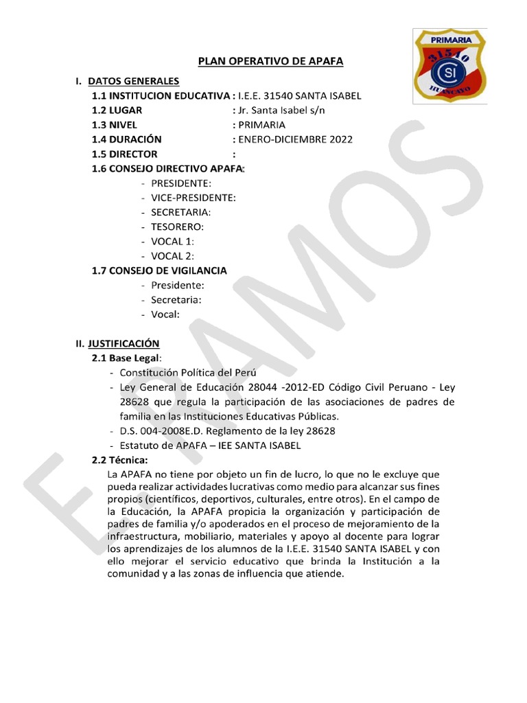 Plan Trabajo de Apafa S.I. 2022 | PDF