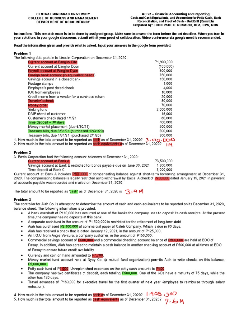 Unit IA ID. Rematch Unit Drill On Cash and Cash Equivalents Petty Cash ...