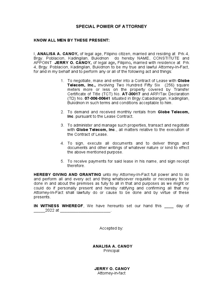 SPA Analisa Jerry Canoy | PDF | Power Of Attorney | Civil Law (Legal ...