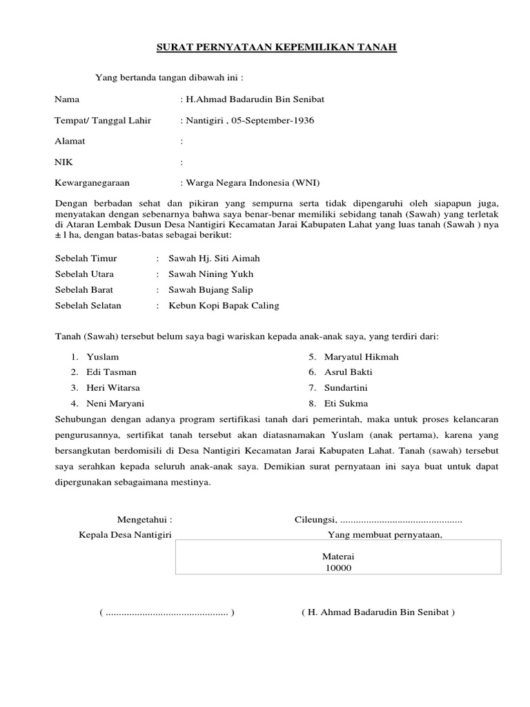 Draft Surat Kepemilikan Tanah | PDF