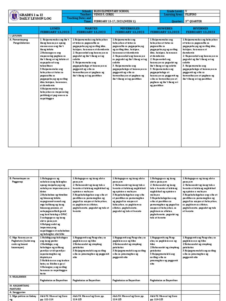 DLL - Filipino 5 - Q3 - W1 | PDF