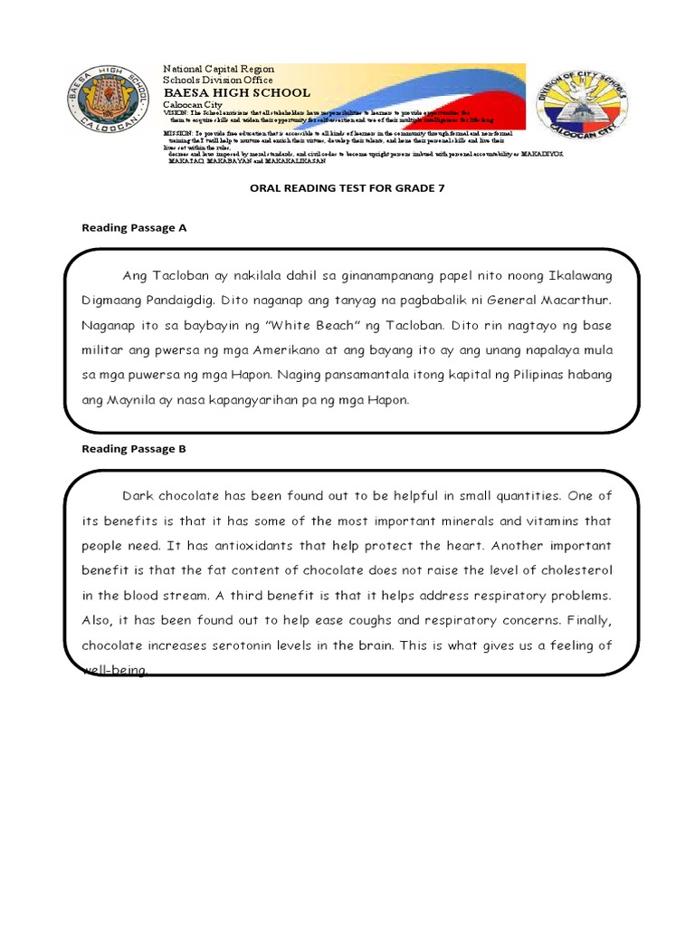 Oral Reading Test For Grade 7 | PDF
