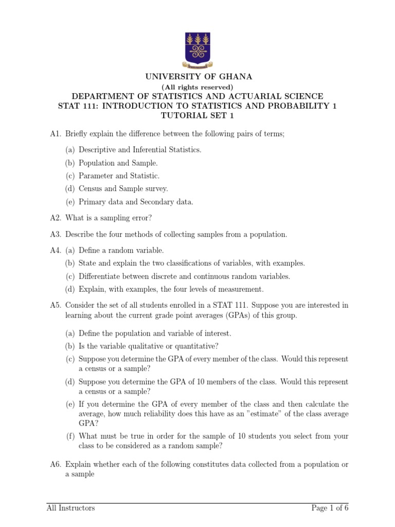 Stat 111 Tutorial Set 1 | PDF | Statistics | Sampling (Statistics) Stat 111 Tutorial Set 1 | PDF | Statistics | Sampling (Statistics)