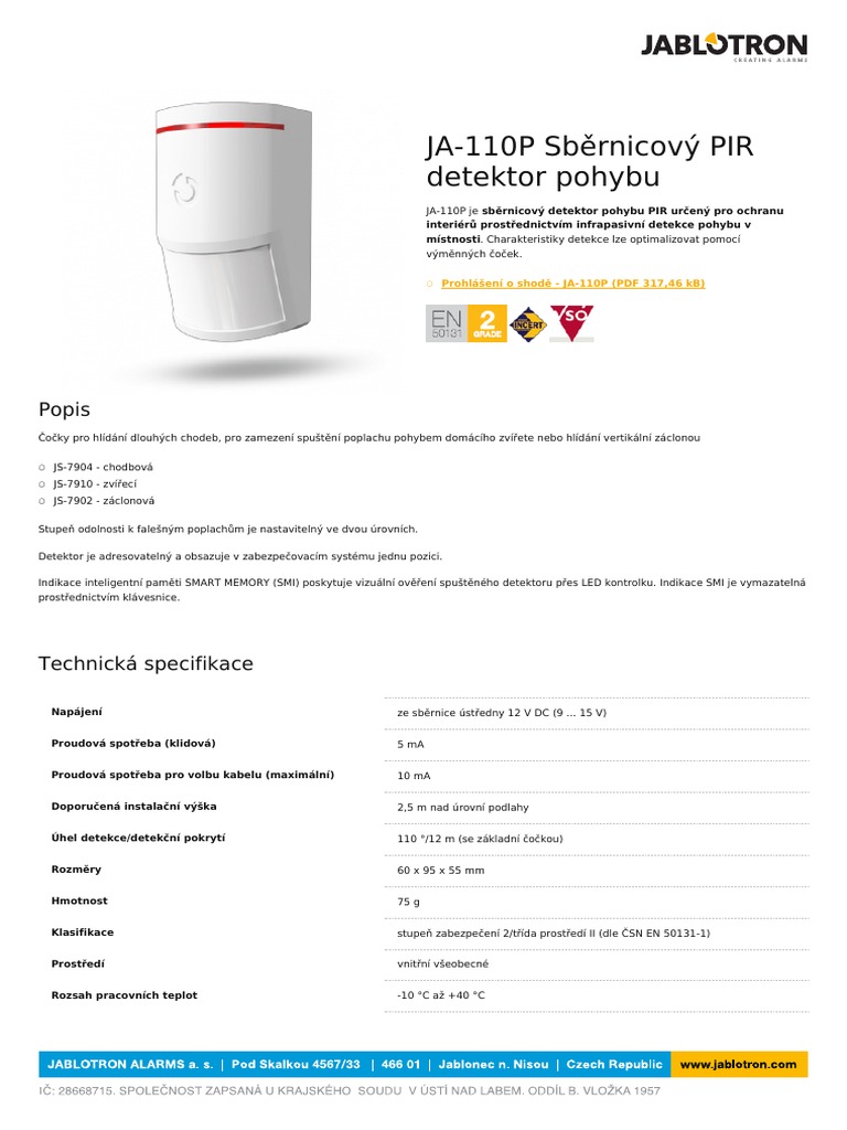 JA-110P Sběrnicový PIR Detektor Pohybu: Popis | PDF