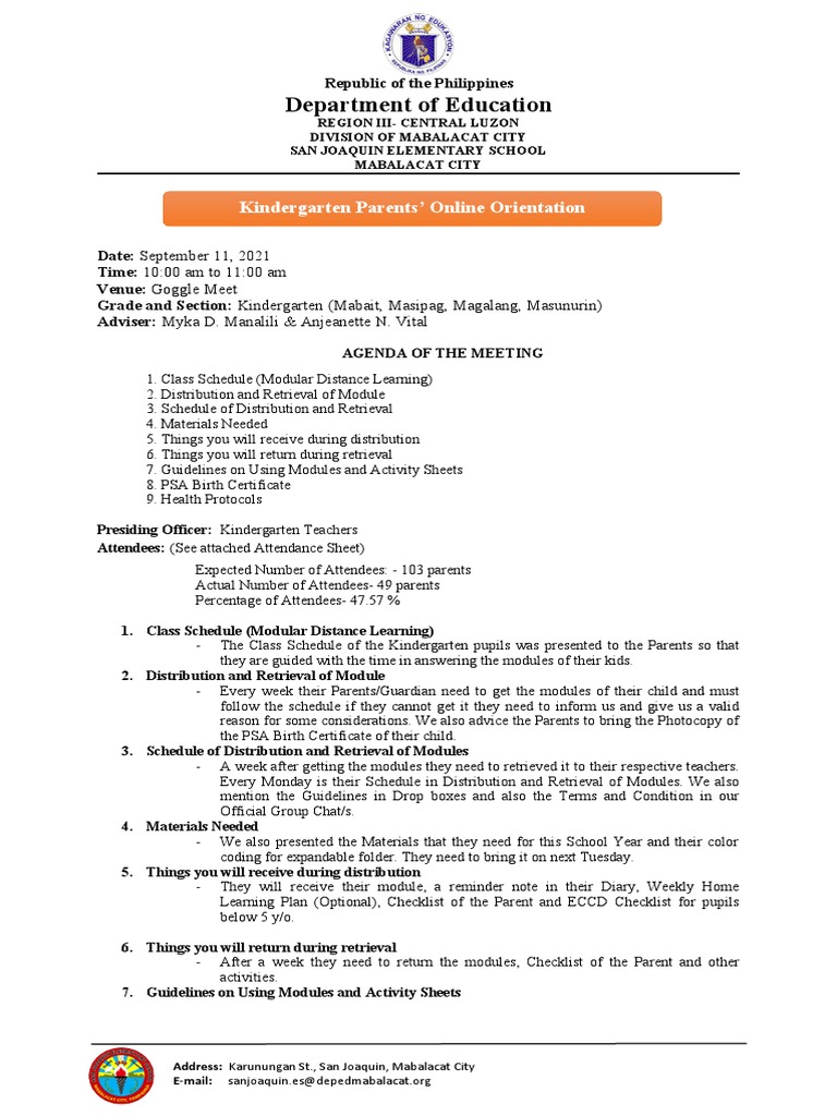 Minutes of The Meeting Orientation Kinder | PDF