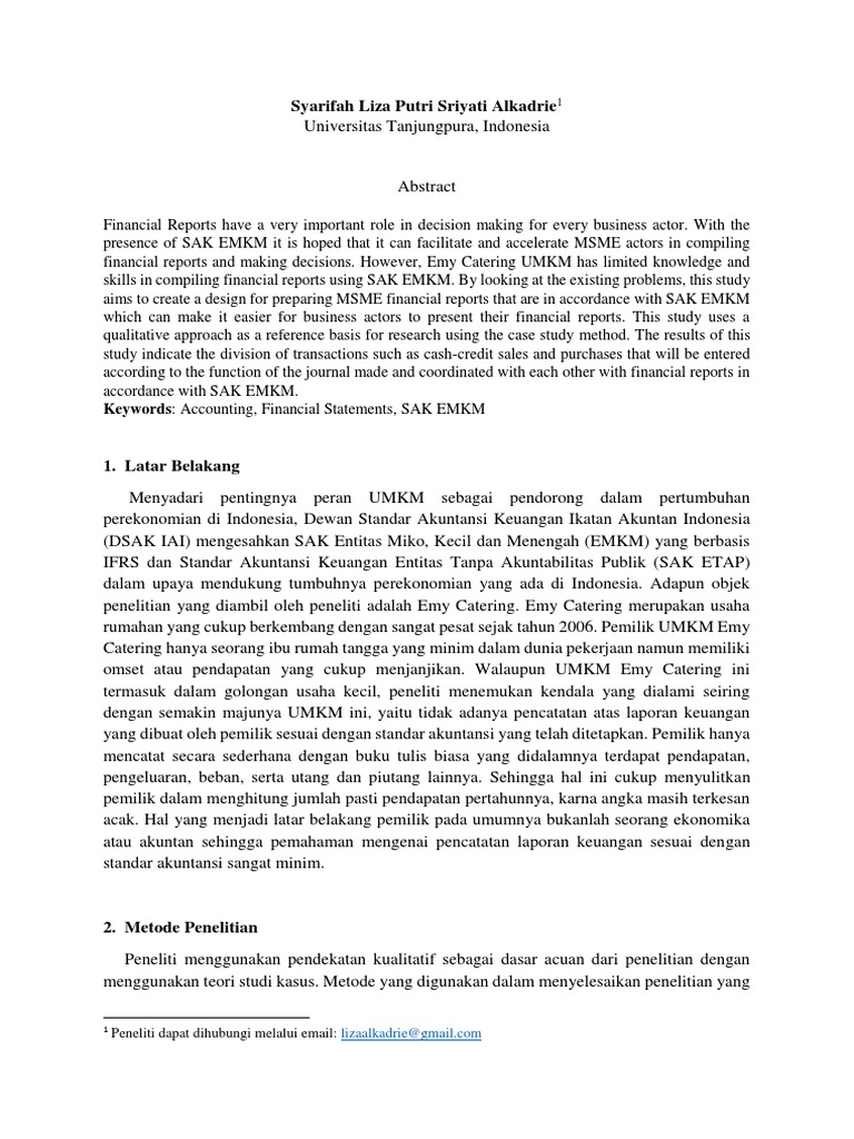 Jurnal Skripsi Analisis Implementasi Laporan Keuangan Sesuai Dengan SAK EMKM Pada UMKM Emy ...
