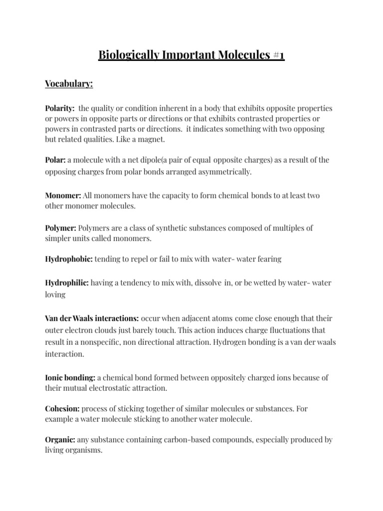 AP Bio Summer Work-Part Two: Biochemistry Biology Review | PDF