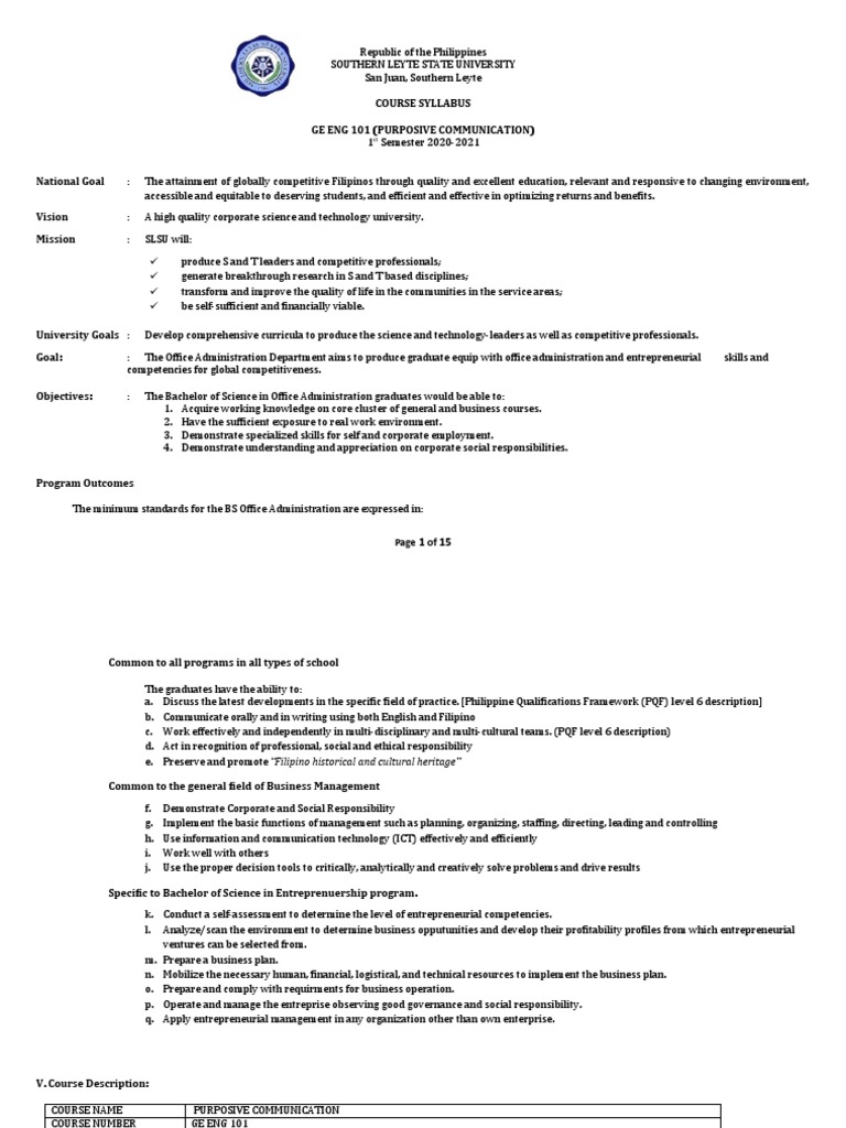 Developing Communicators: A Course Syllabus for Purposive Communication ...