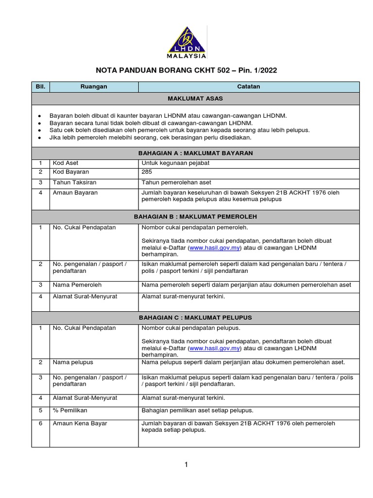 Panduan Mengisi Borang CKHT 502 Pin1 2022 | PDF