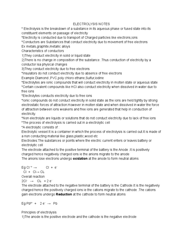 Electrolysis Notes Igcse 9 | PDF | Ion | Anode