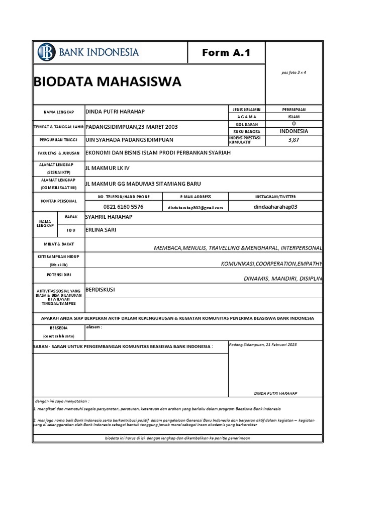 Form Biodata Mahasiswa A.1 - Beasiswa Bank Indonesia | PDF