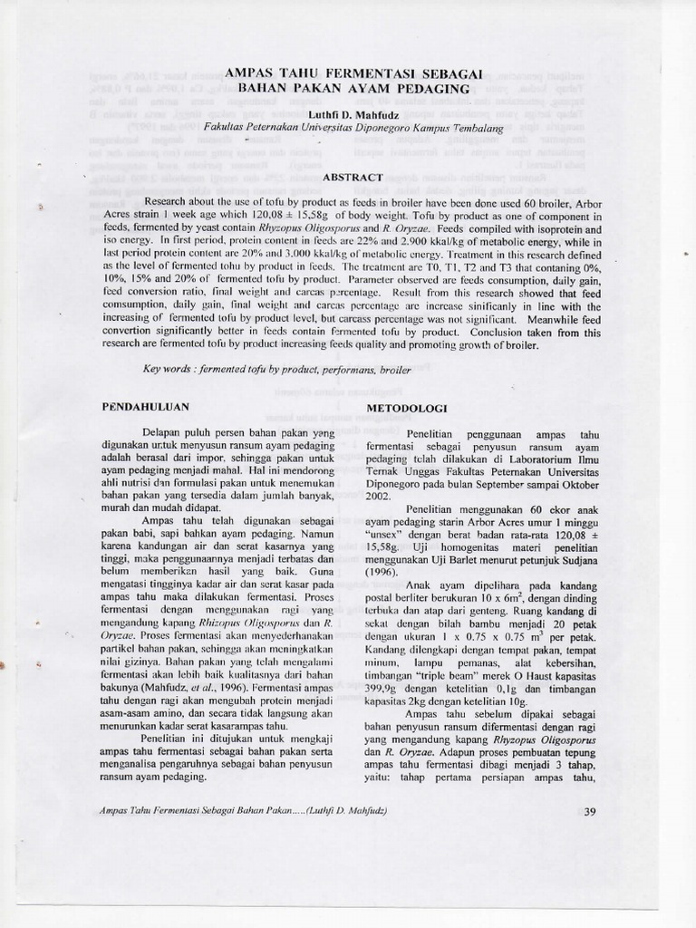 Ampas Tahu Fermentasi Sebagai Bahan Pakan Ayam Ped | PDF Ampas Tahu Fermentasi Sebagai Bahan Pakan Ayam Ped | PDF
