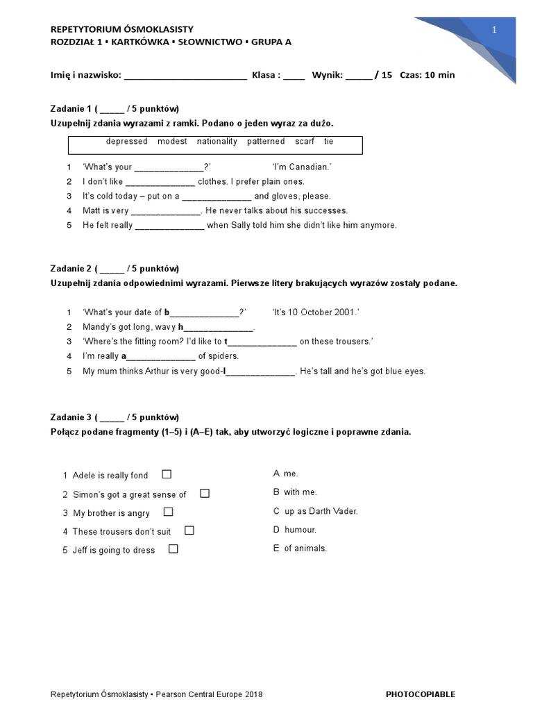 Język Angielski 8a I 8b REP8 - Unit 1 - A - Short Test - Vocab | PDF