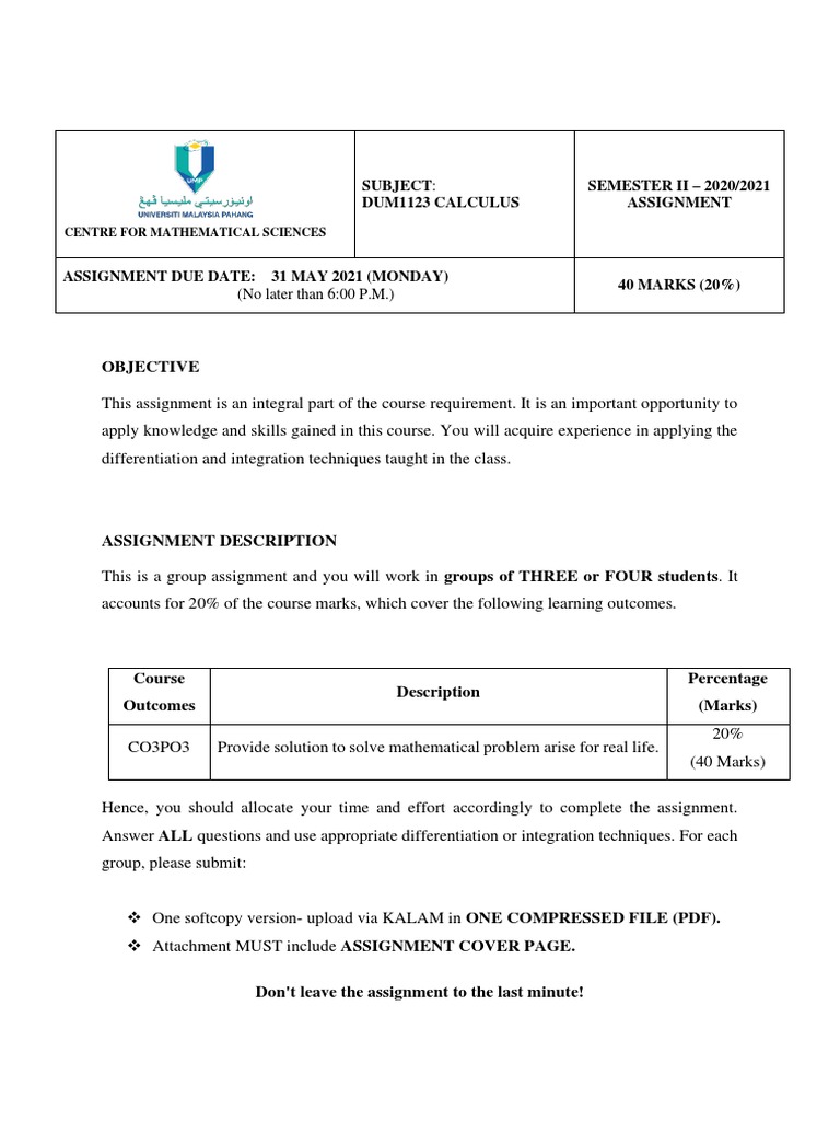 Maximizing Marks: A Calculus Assignment on Differentiation and Integration Techniques for ...
