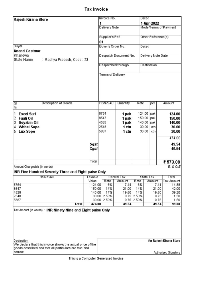 Anand Sale Bill | PDF | Invoice | Taxes