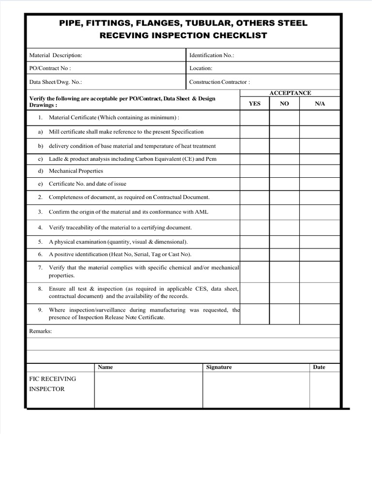 Steel Receiving Inspection Checklist | PDF