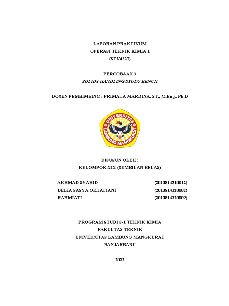 Checked - Shift 3 - Solids Handling Study Bench - Kelompok 18 | PDF
