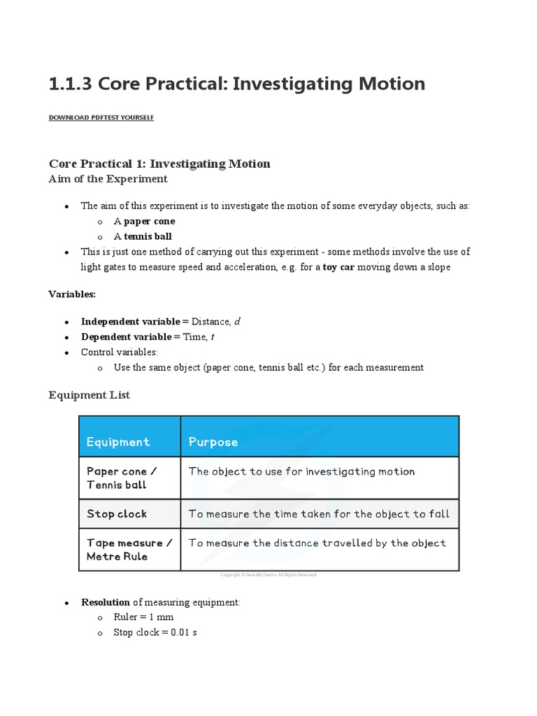 1.1.3 Core Practical Investigating Motion | PDF | Experiment | Measurement