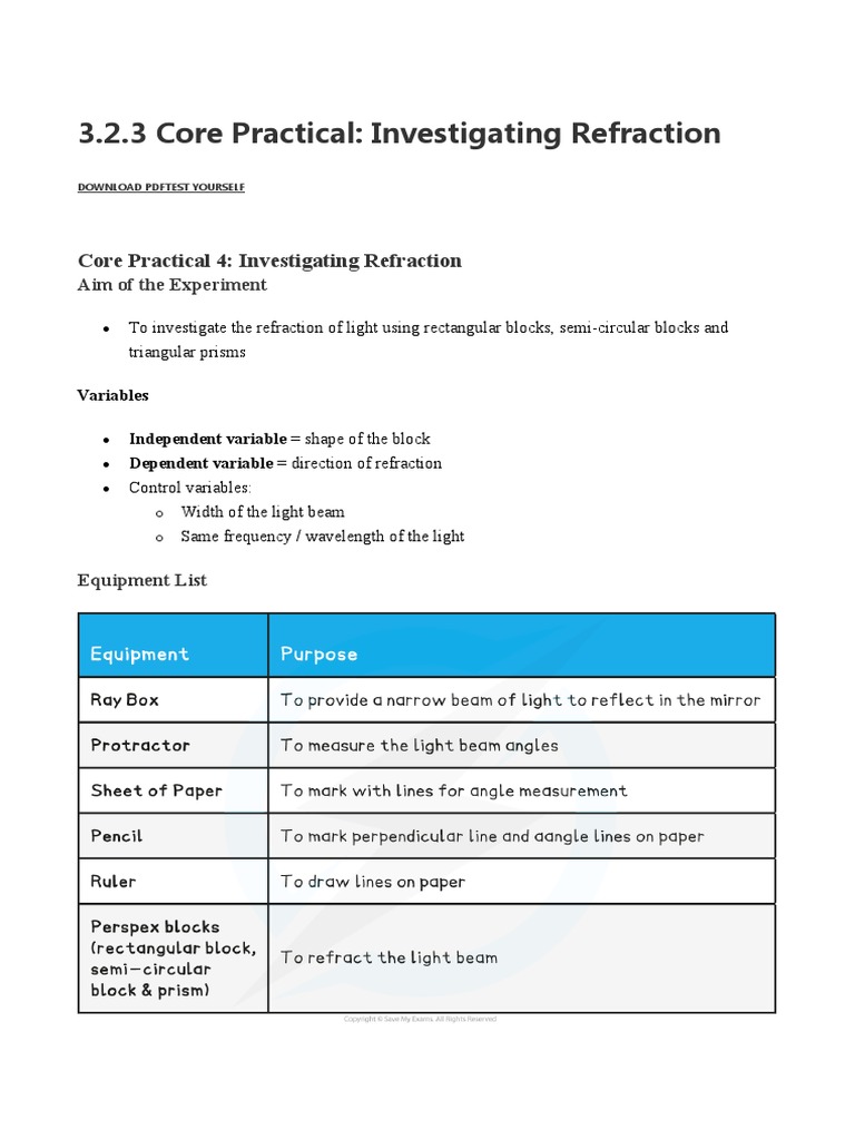 3 2 3 Core Practical Investigating Refraction Download Free Pdf Refraction Observational Error